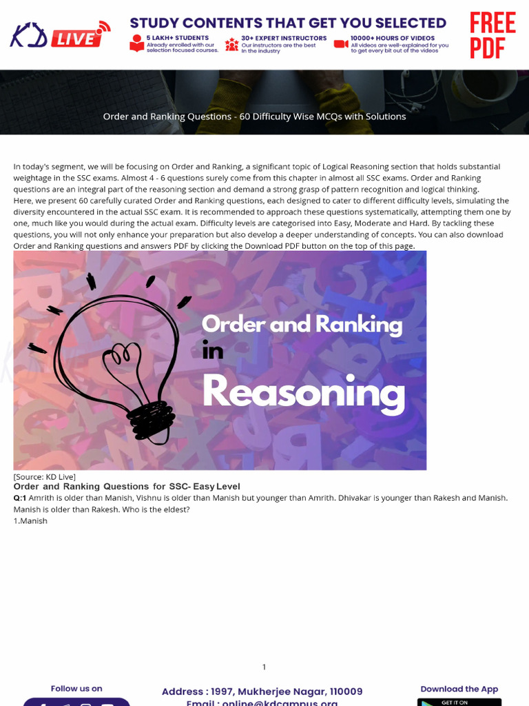 Logical Reasoning Order and Ranking Questions 60 Difficulty Wise Mcqs With Solutions | PDF