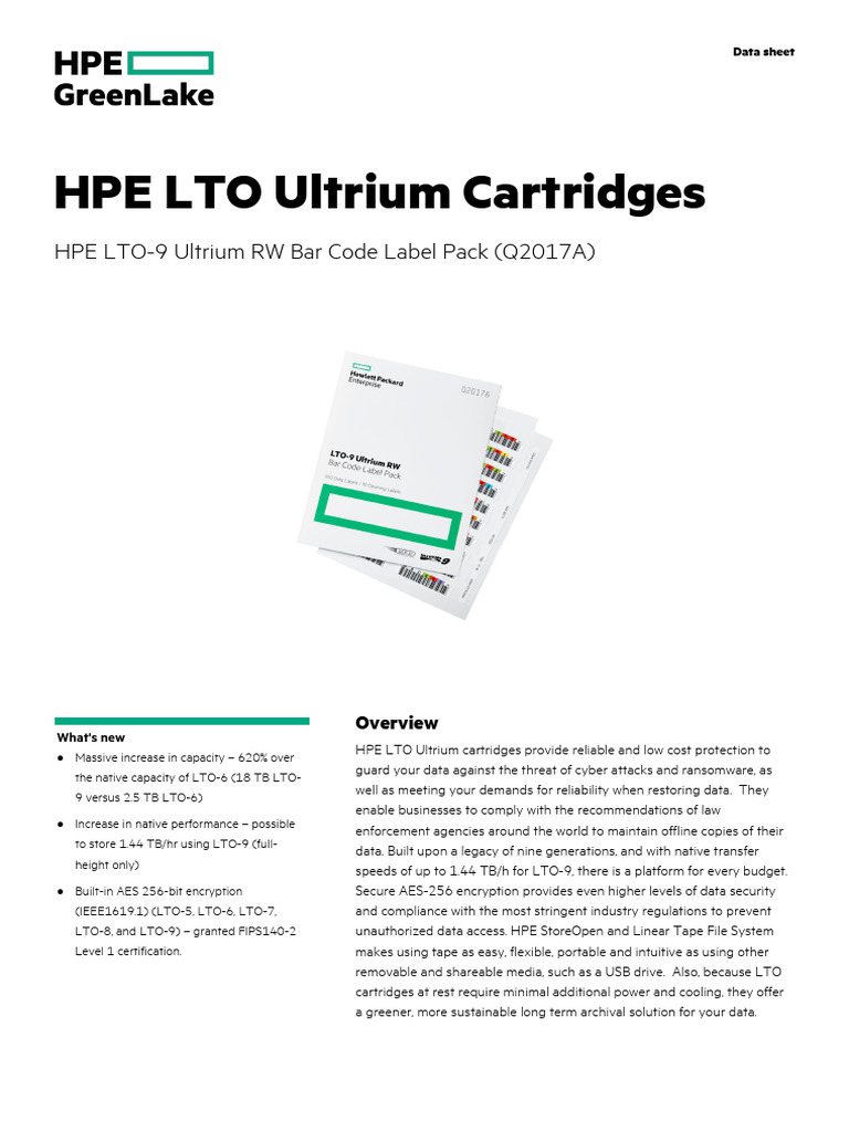 HPE LTO-9 Ultrium RW Bar Code Label Pack Data sheet-PSN1013249714WWEN ...