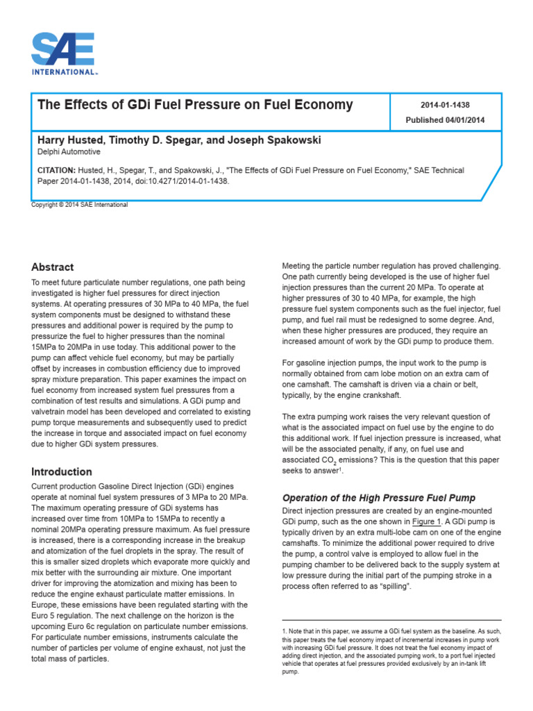 The Effects of Gdi Fuel Pressure On Fuel Economy: Harry Husted, Timothy ...