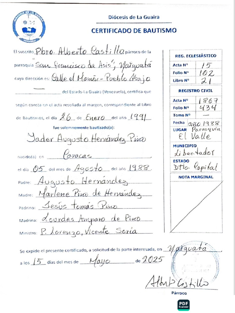 Yader Fe de Bautismo | PDF
