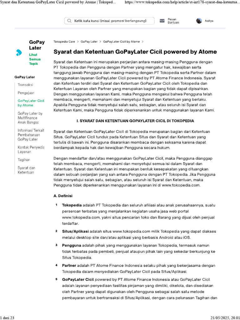Syarat Dan Ketentuan GoPayLater Cicil Powered by Atome - Tokopedia Care | PDF