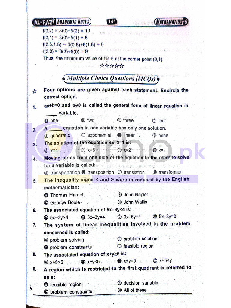 9th Maths Unit 5 MCQs | PDF
