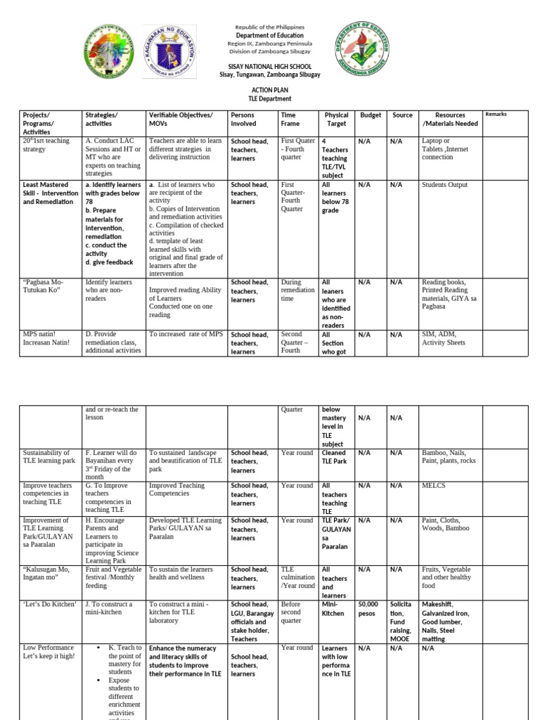 Action Plan Tle 2024-2025 | PDF | Learning | Behavior Modification