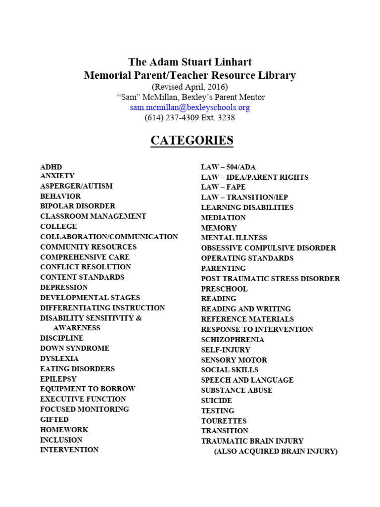 Adam Stuart Linhart Memorial Parent Teacher Library Aug 2016 | PDF ...