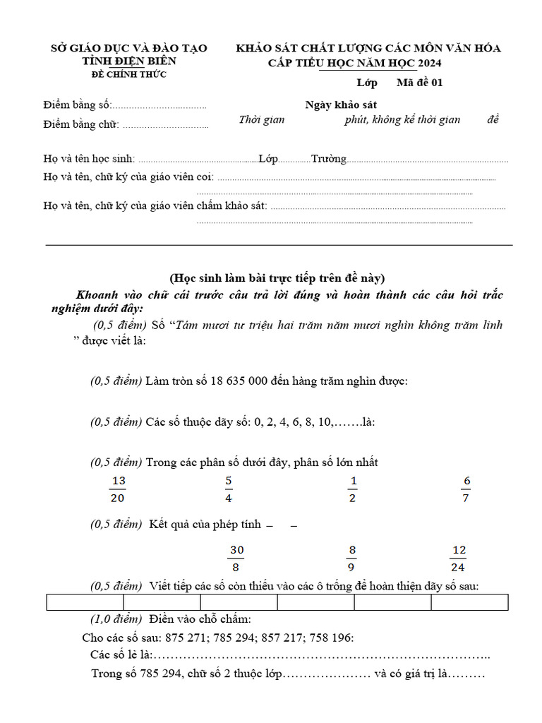 Toan Lop 4 - Ma de 01 | PDF