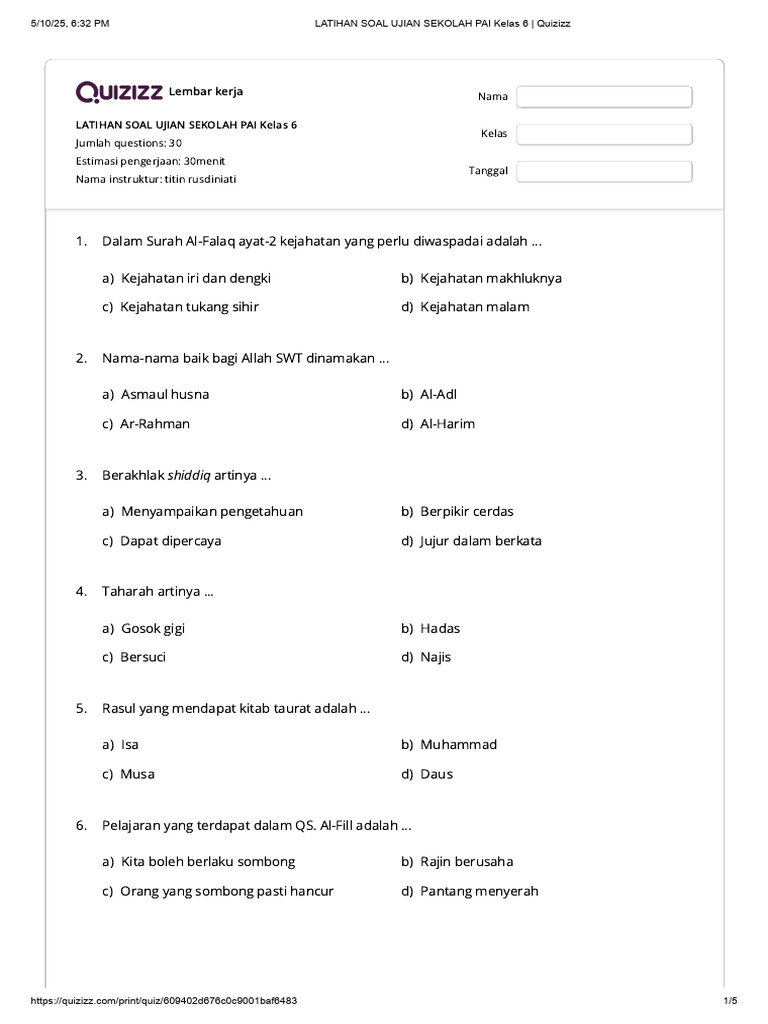 LATIHAN SOAL UJIAN SEKOLAH PAI Kelas 6 _ Quizizz | PDF