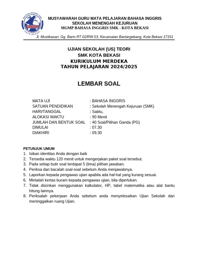 Soal Us Bahasa Inggris 2025 | PDF | Refrigerator