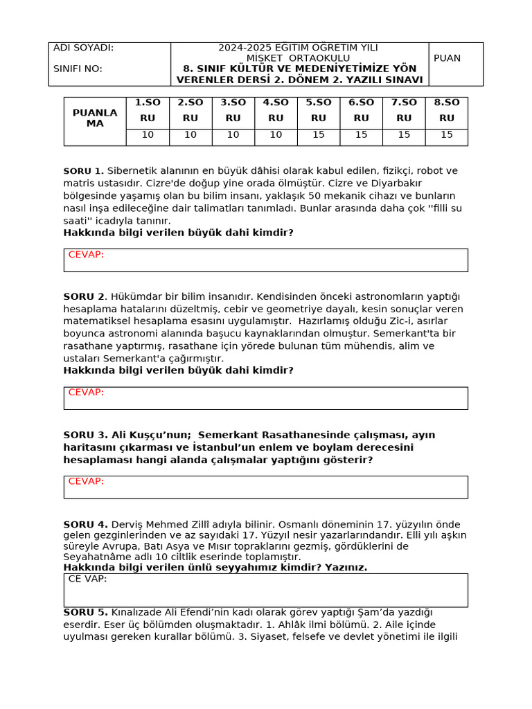 2024-2025 Eği̇ti̇m Öğtreti̇m Yili Mi̇sket Kültür 2.d2.yaz | PDF