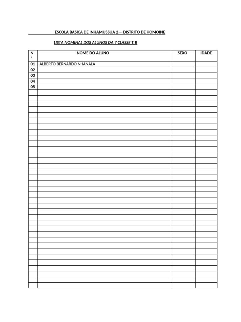 Escola Basica de Inhamussua 2 Lista | PDF