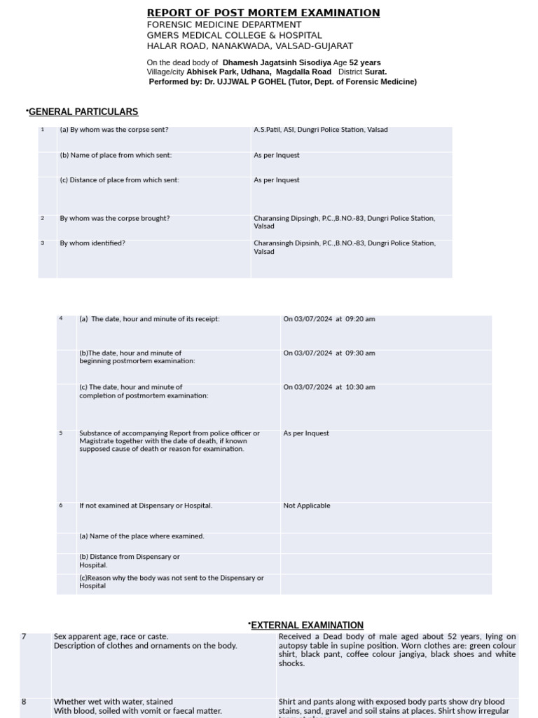 RTA Multiple Injuries: Post Mortem Report | PDF | Human Anatomy | Anatomy