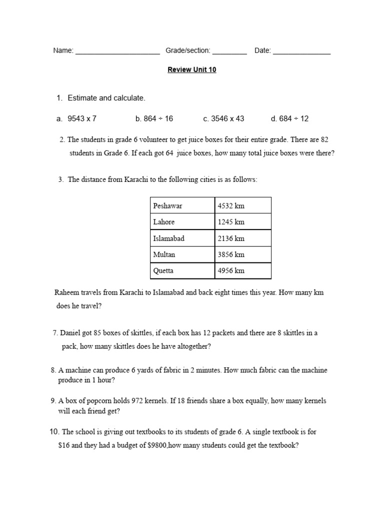 Grade 6 - Review Sheet Unit 10 (For Exam) | PDF