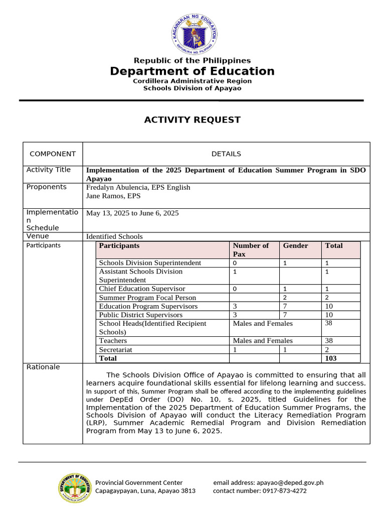 Activity Request Summer Program FINAL | PDF | Learning | Cognition