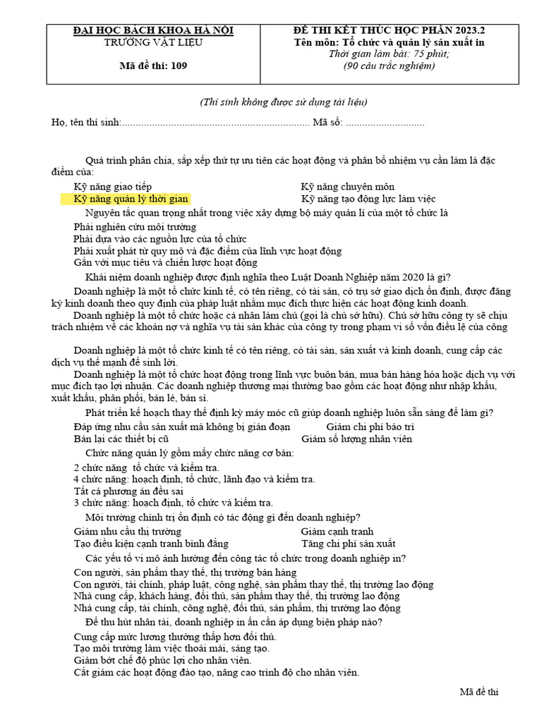 CH4674 - Đề thi - 109 | PDF