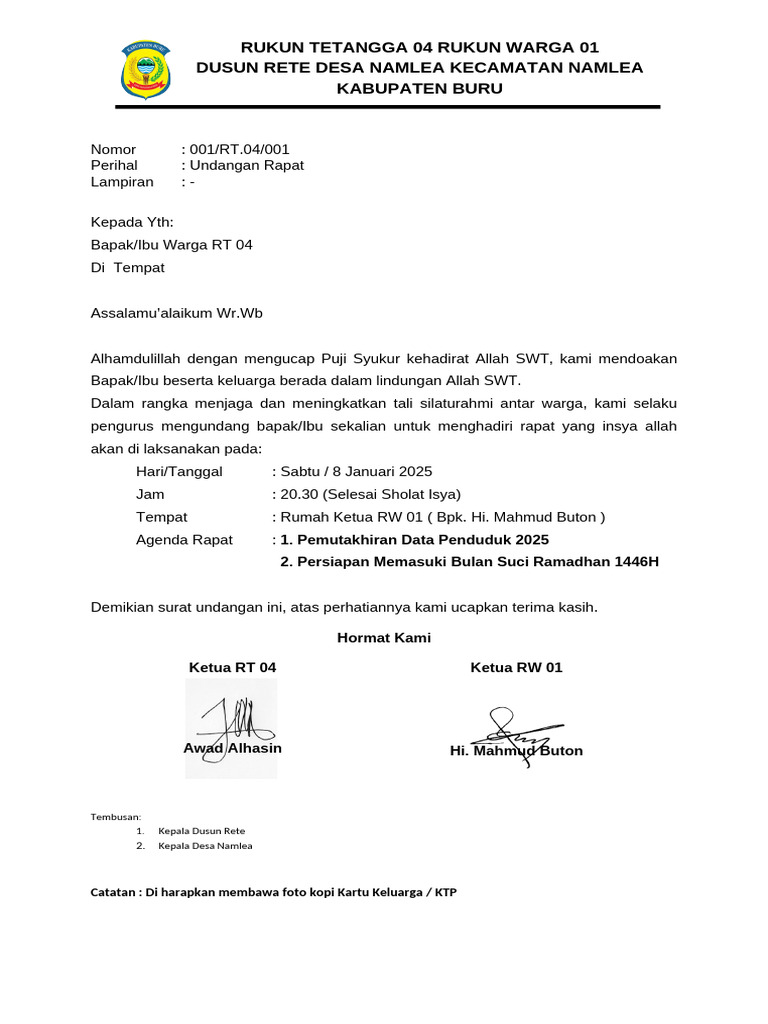 Undangan Rapat Warga RT 04 | PDF