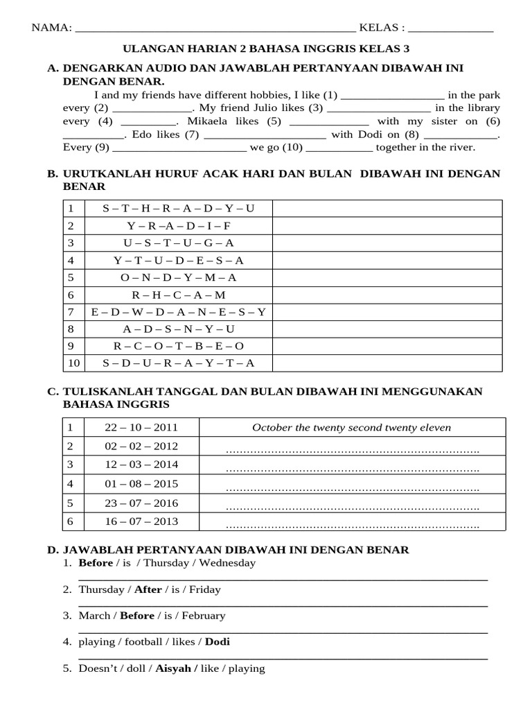 Uh 2 Bahasa Inggris Kelas 3 | PDF