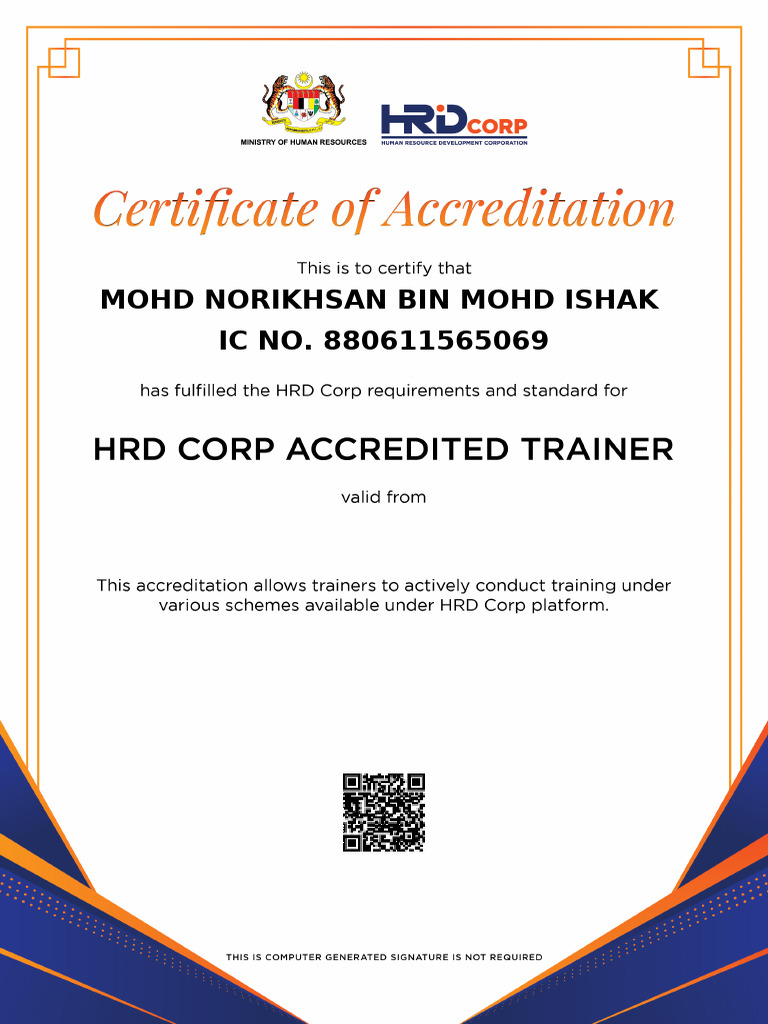 HRDC Accreditation Cert Mohd Norikhsan Bin Mohd Ishak | PDF