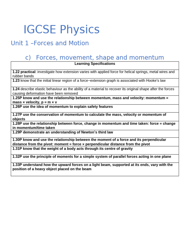 Y9 Term 2 Physics Student Checklist-Hooke's Law, Momentum and Moment | PDF
