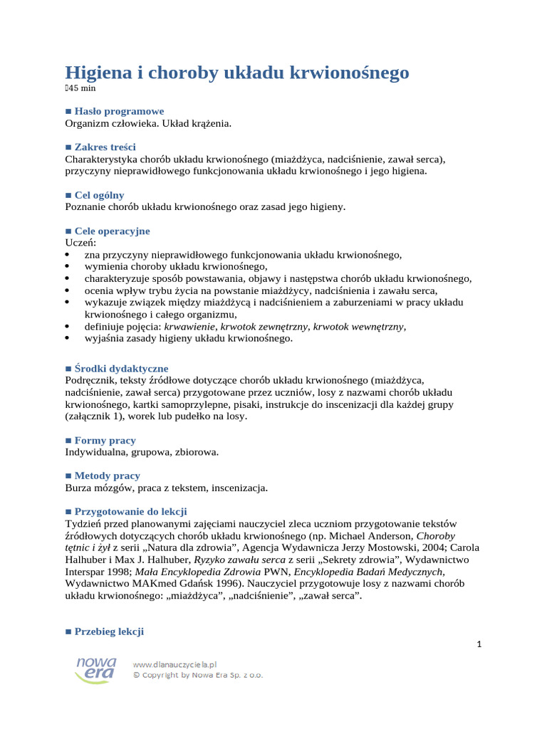 Scenariusz Higiena I Choroby Ukladu Krwionosnego | PDF