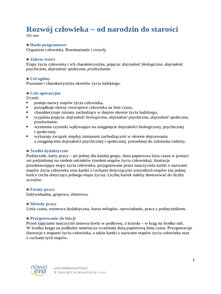 Scenariusz Rozwoj Czlowieka Od Narodzin Do Starosci | PDF