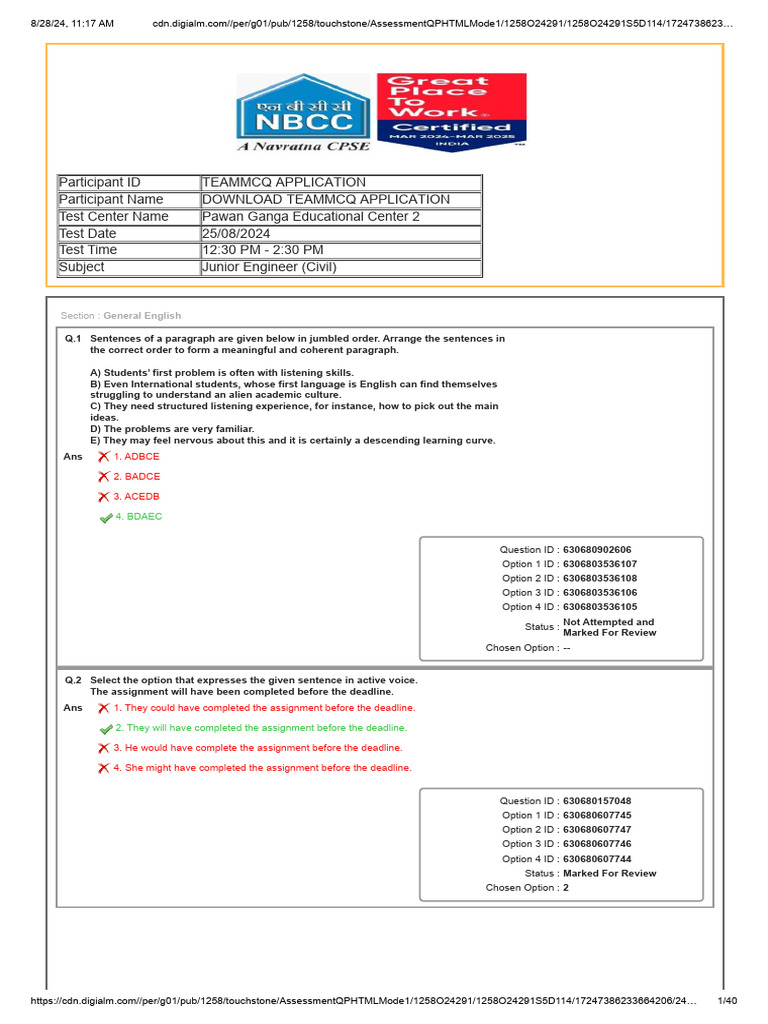 NBCC JE 25-08-2024 Hindi Civil TeamMCQ Paper_merge | PDF | Embroidery ...