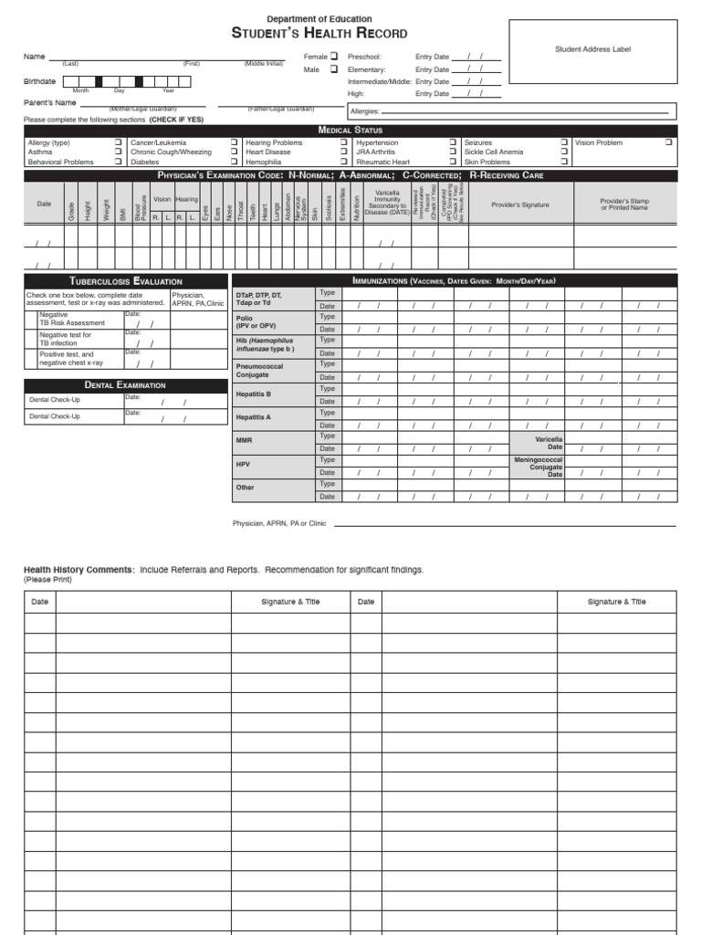 Student Health Record Form | PDF | Nurse Practitioner | Diseases And ...