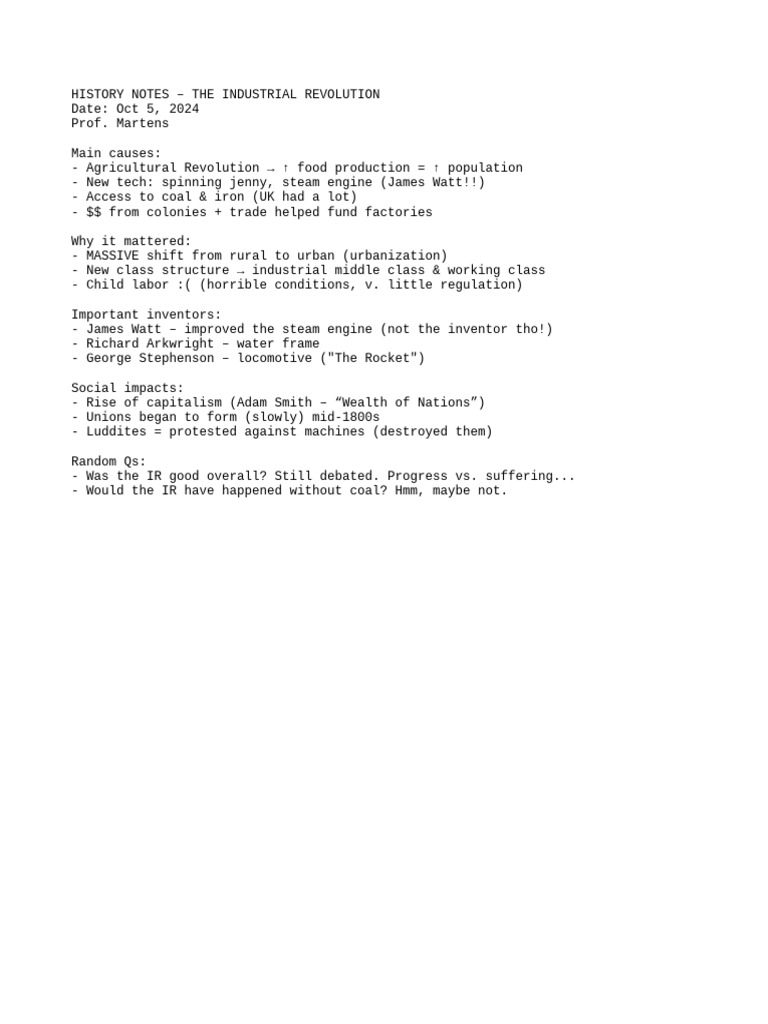 History Notes Industrial Revolution | PDF