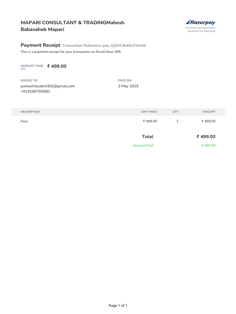 Receipt Pay_QQNTdh4XLFWc59 From Mahesh Babasaheb Mapari (Paid) | PDF