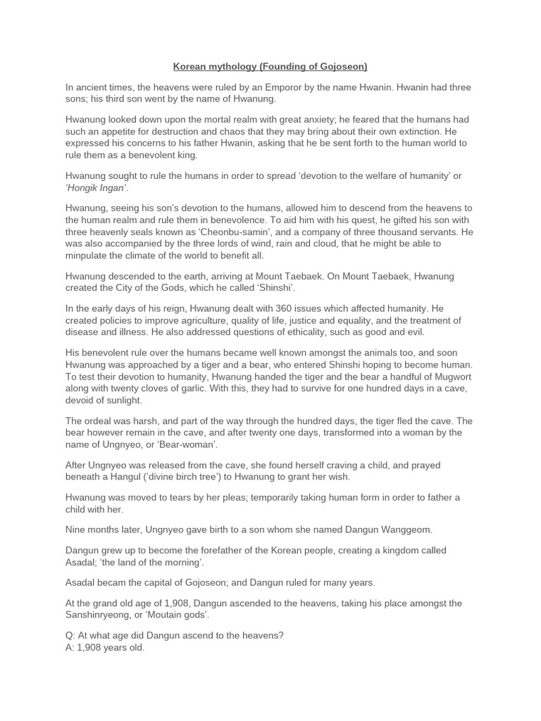 Korean Mythology - Comprehension Tests | PDF | Religious Belief And ...