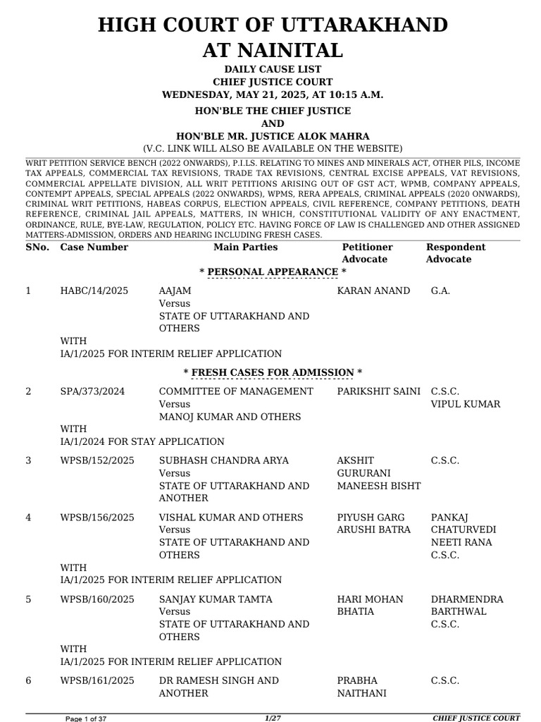 Uttarakhand High Court Daily Cause List | PDF | Common Law | Public Law