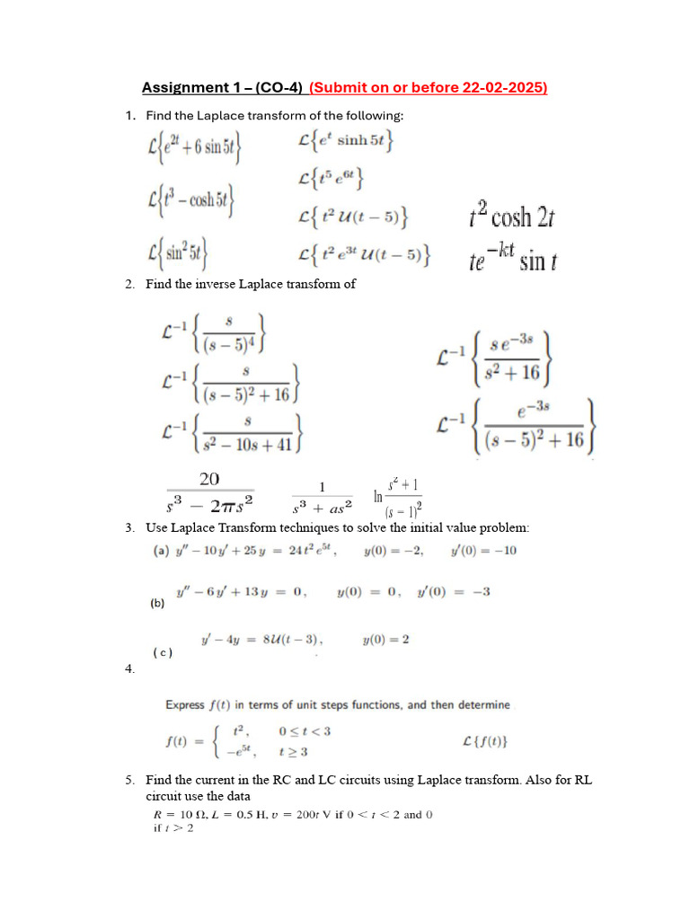 Laplace Transform Assignment - 1 | PDF
