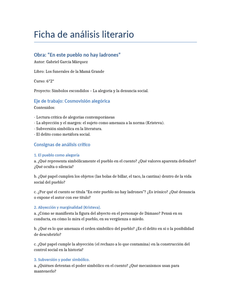 Ficha en Este Pueblo No Hay Ladrones Garcia Marquez | PDF