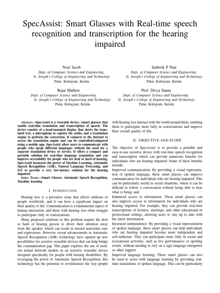 Specassist Smart Glasses With Real Time Speech Recognition and Transcription For The Hearing ...