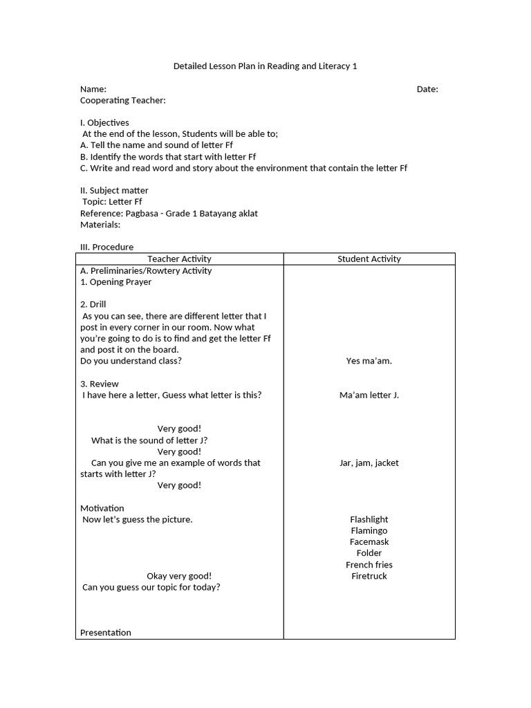 Detailed Lesson Plan in Reading and Literacy 1 | PDF | Learning | Human ...