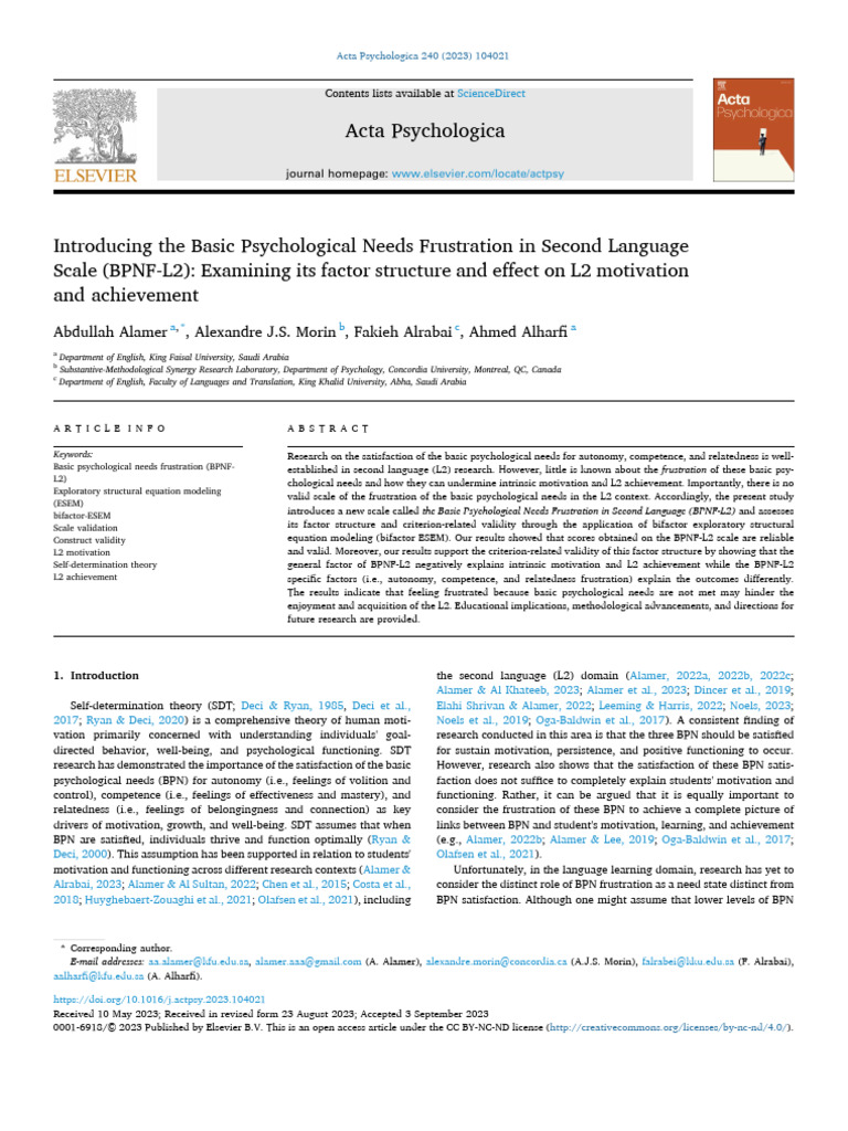 2023 AlamerMorinEtAl IntroducingtheBPNF-L2 | PDF | Cognition | Behavioural Sciences