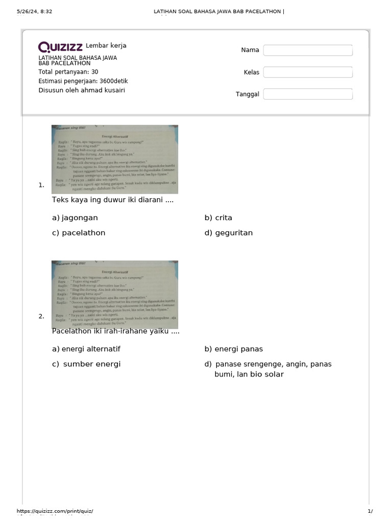 LATIHAN SOAL BAHASA JAWA BAB PACELATHON - Quizizz | PDF