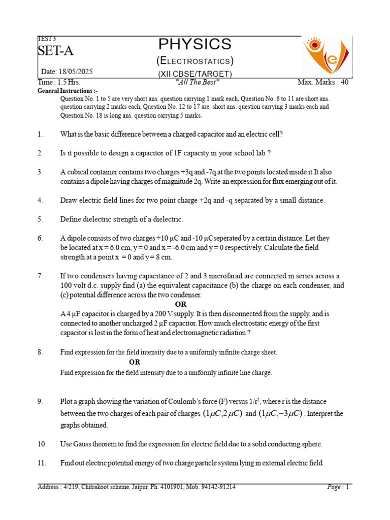 Xii Physics Set A (18.05.2025) | PDF | Capacitor | Electric Field