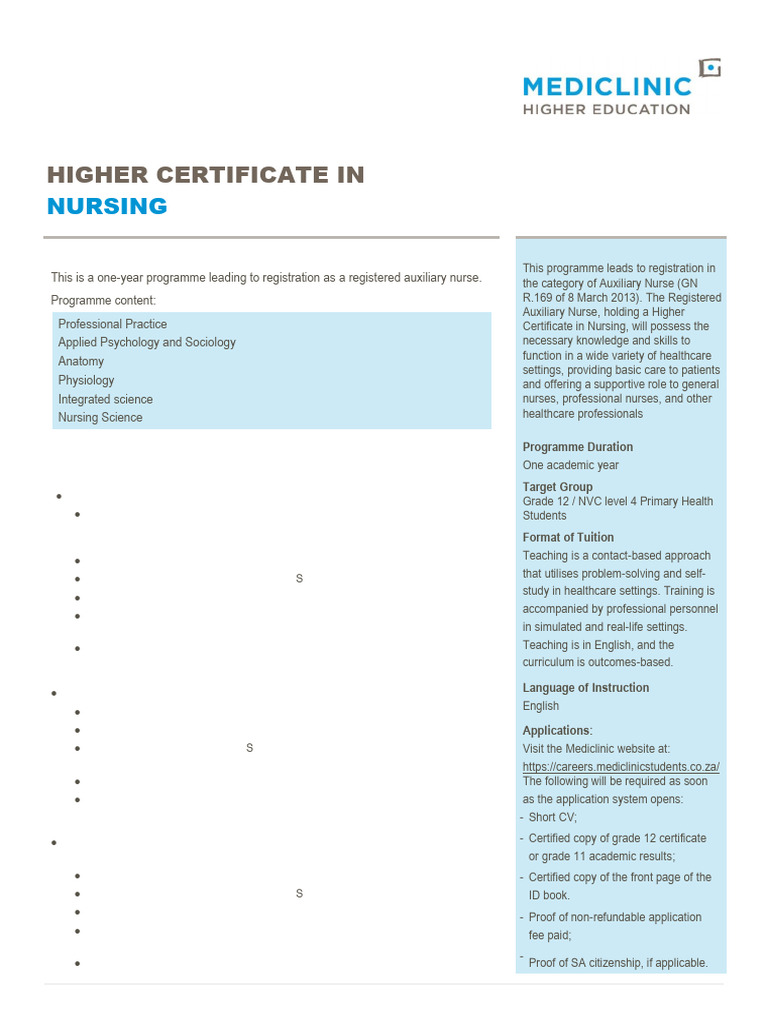 Mediclinic Higher Certificate in Nursing | PDF | Health Care | Science