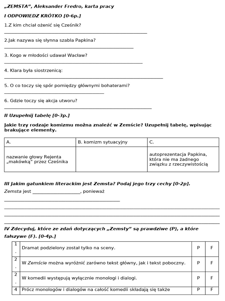 Karta Pracy ZEMSTA | PDF