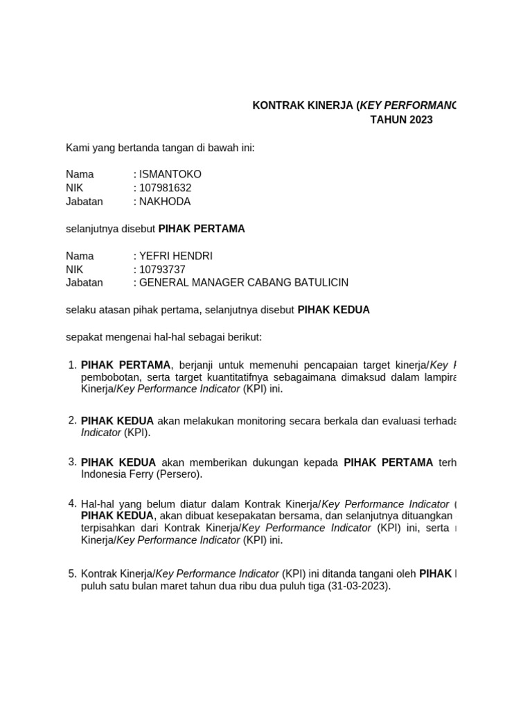 Template Kontrak Kinerja (KPI) Kmp. Bamega Jaya Tahun 2023 | PDF