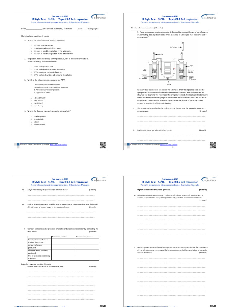 Cell Respiration - Topic Test | PDF | Cellular Respiration | Adenosine ...