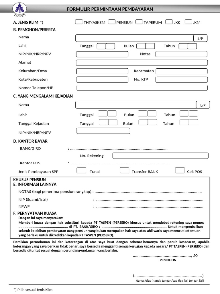 Formulir Permintaan Pembayaran: A. Jenis Klim B. Pemohon/Peserta | PDF