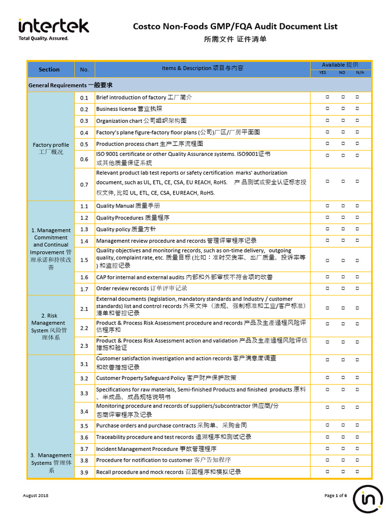 Intertek - Costco Non - Foods GMP - FQA Audit Document Request List ...