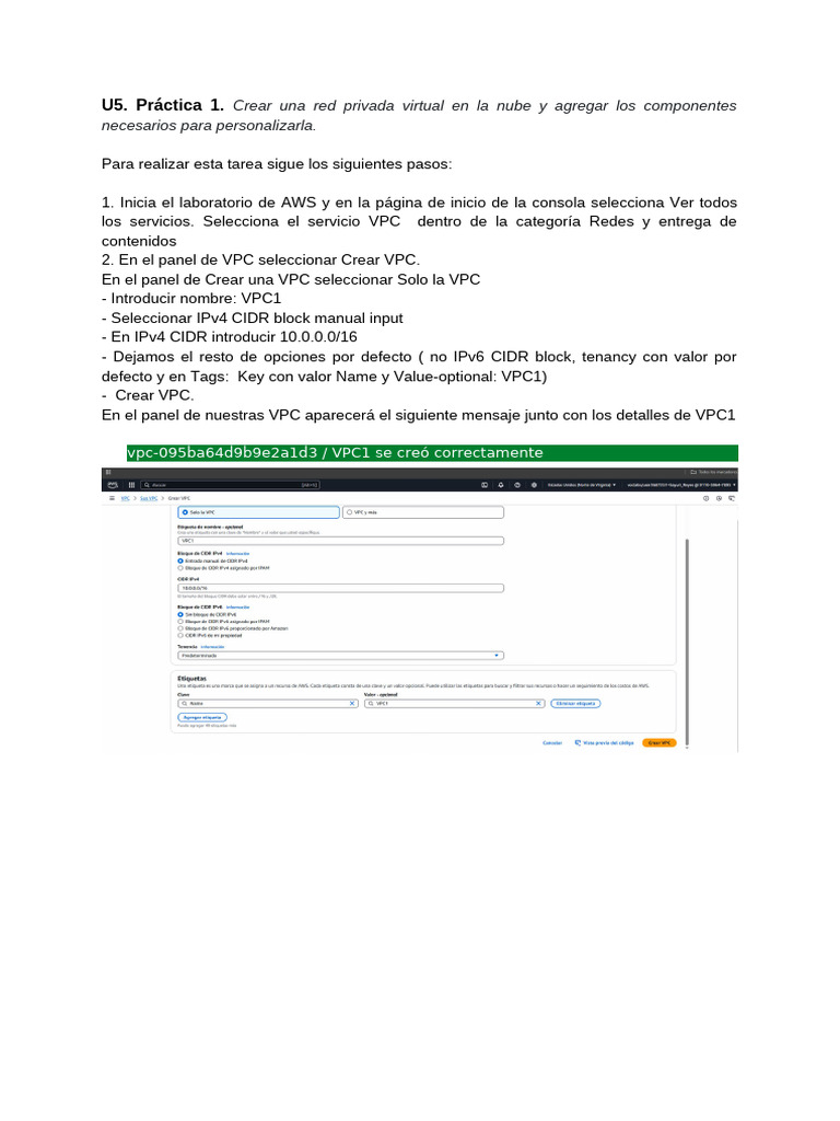 U5. Práctica 1. Crear Una VPC Pasos 1-4 | PDF | Protocolos de capa de red | Enrutamiento