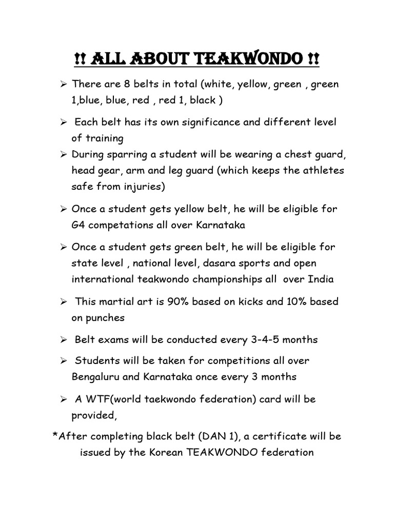 Information On TEAKWONDO | PDF | Taekwondo | East Asian Martial Arts