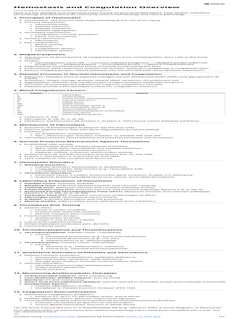 Hemostasis and Coagulation Overview | PDF | Coagulation | Platelet