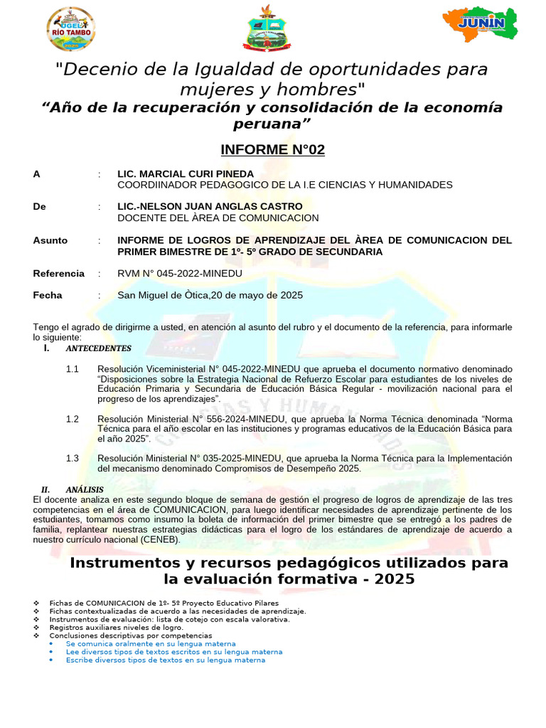 Informe de Logros de Aprendizaje-2025 I BIMESTRE-COMUNICACION | PDF | Evaluación | Aprendizaje