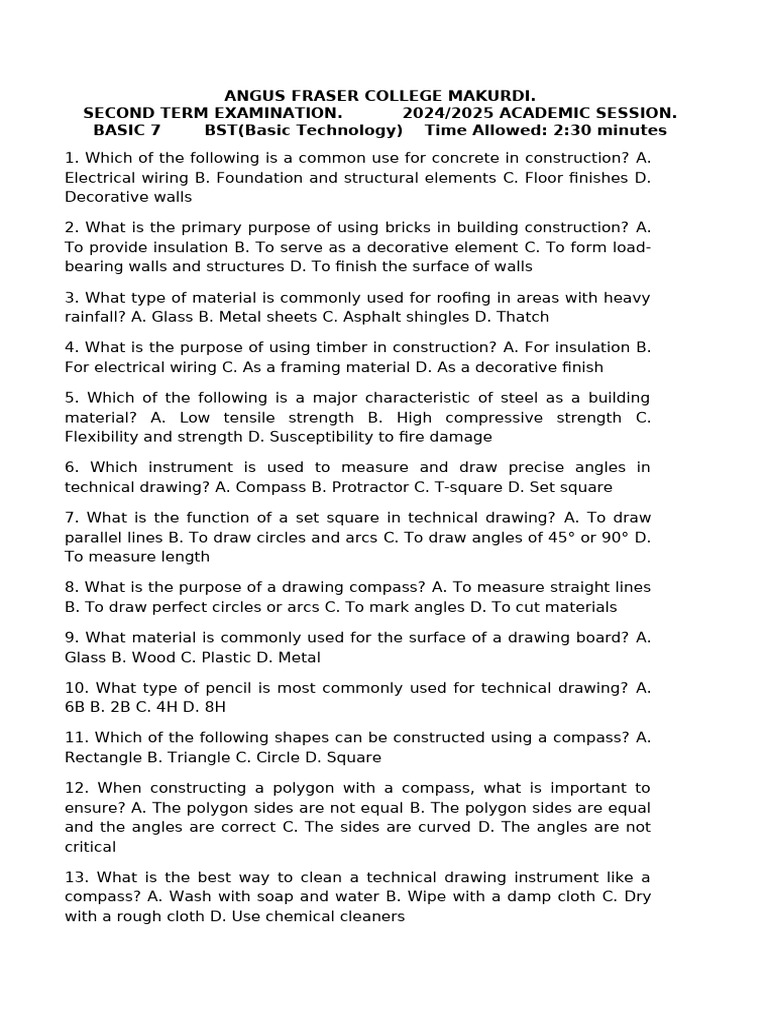 BST (Basic Technology) B7 SECOND TERM EXAMS 20242025 | PDF | Drawing | Wall