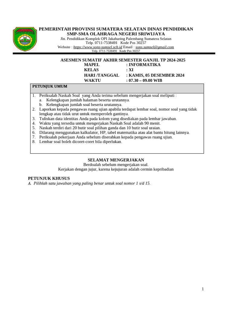 Format Soal Informatika Kelas Xi Asas Ganjil 2024-2025 | PDF