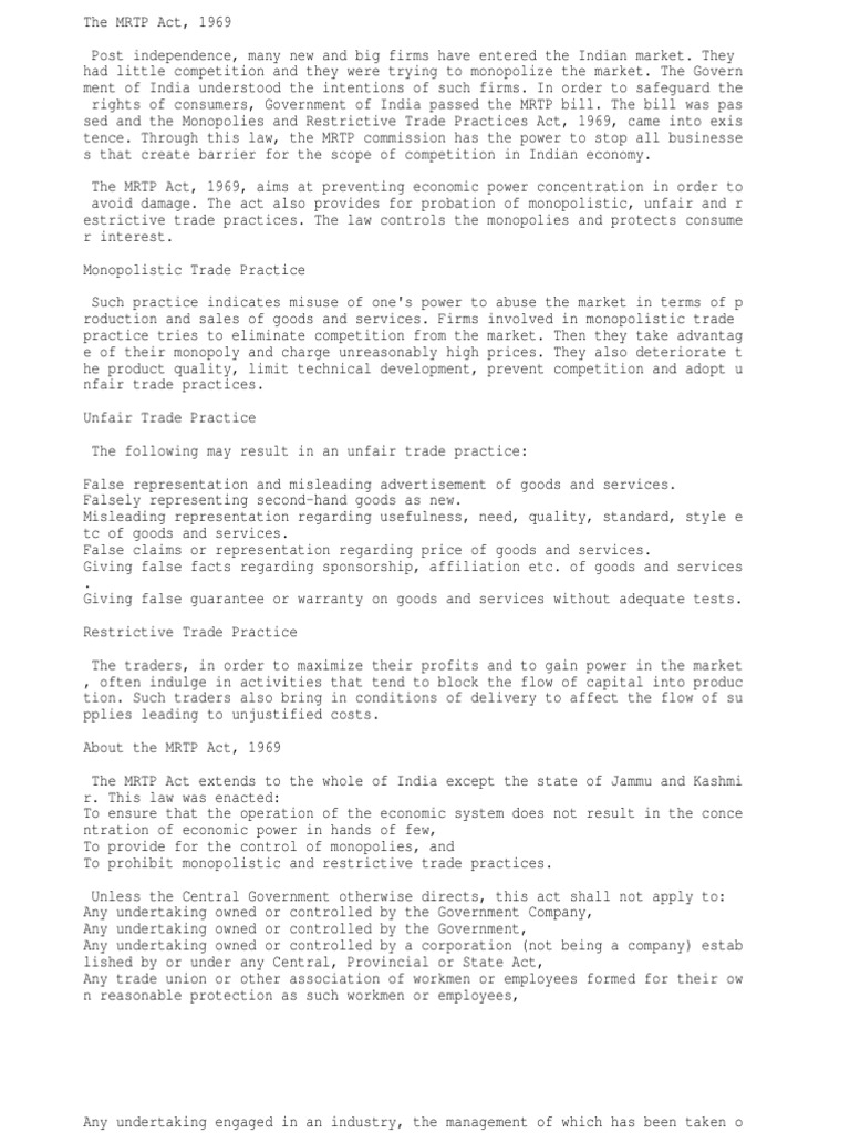 MRTP Act India | PDF | Monopoly | Business Law