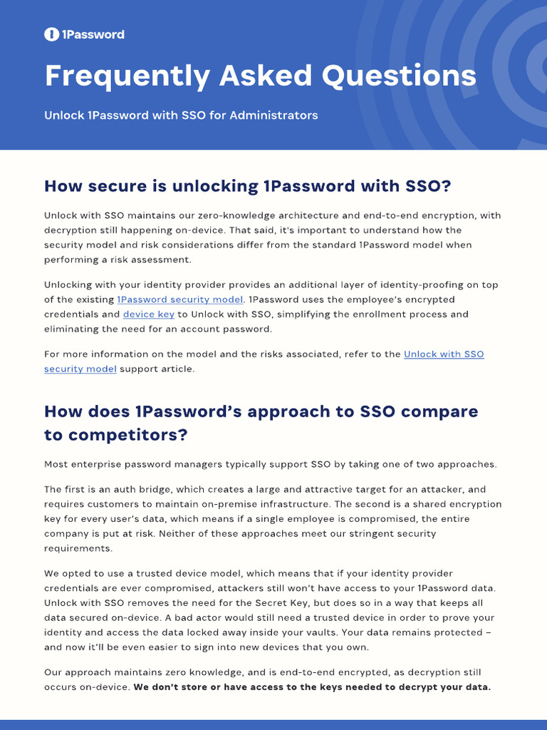 Unlock 1password With SSO FAQs For Admins | PDF